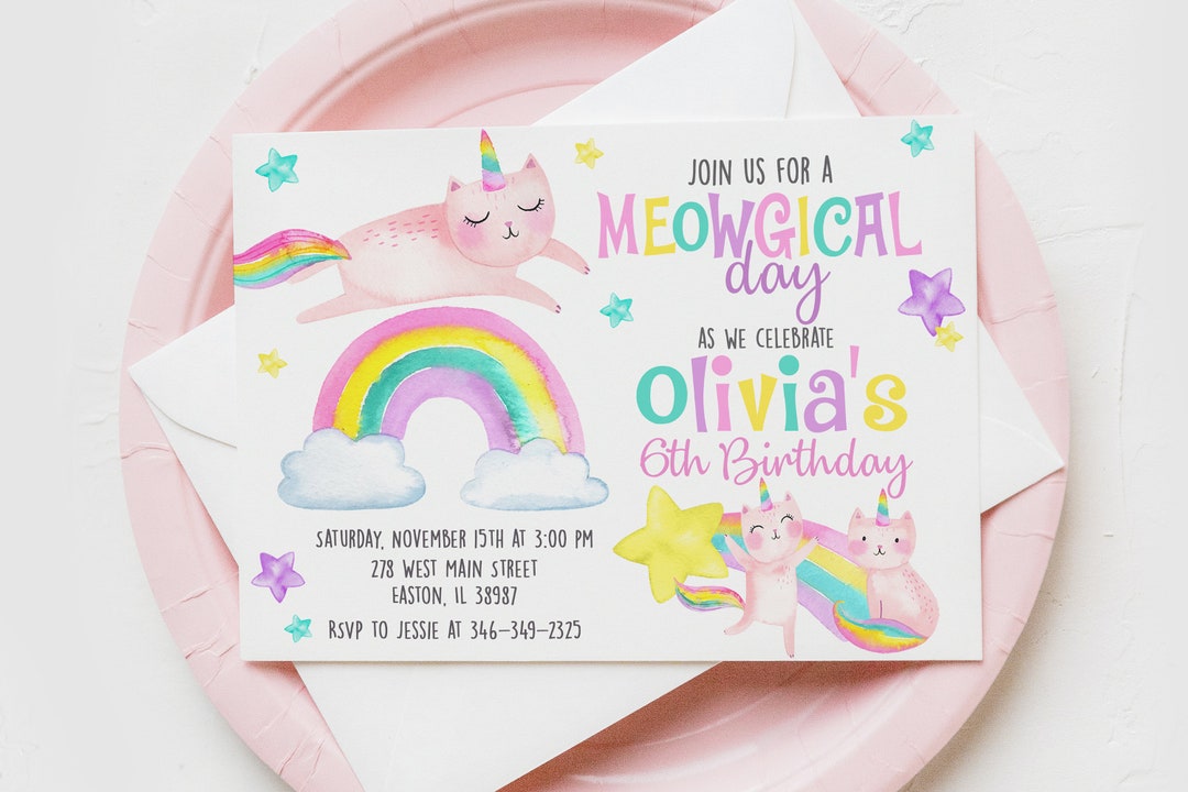 Caticorn Birthday Party Invitation, Cat, Unicorn, Rainbow, Caticorn ...