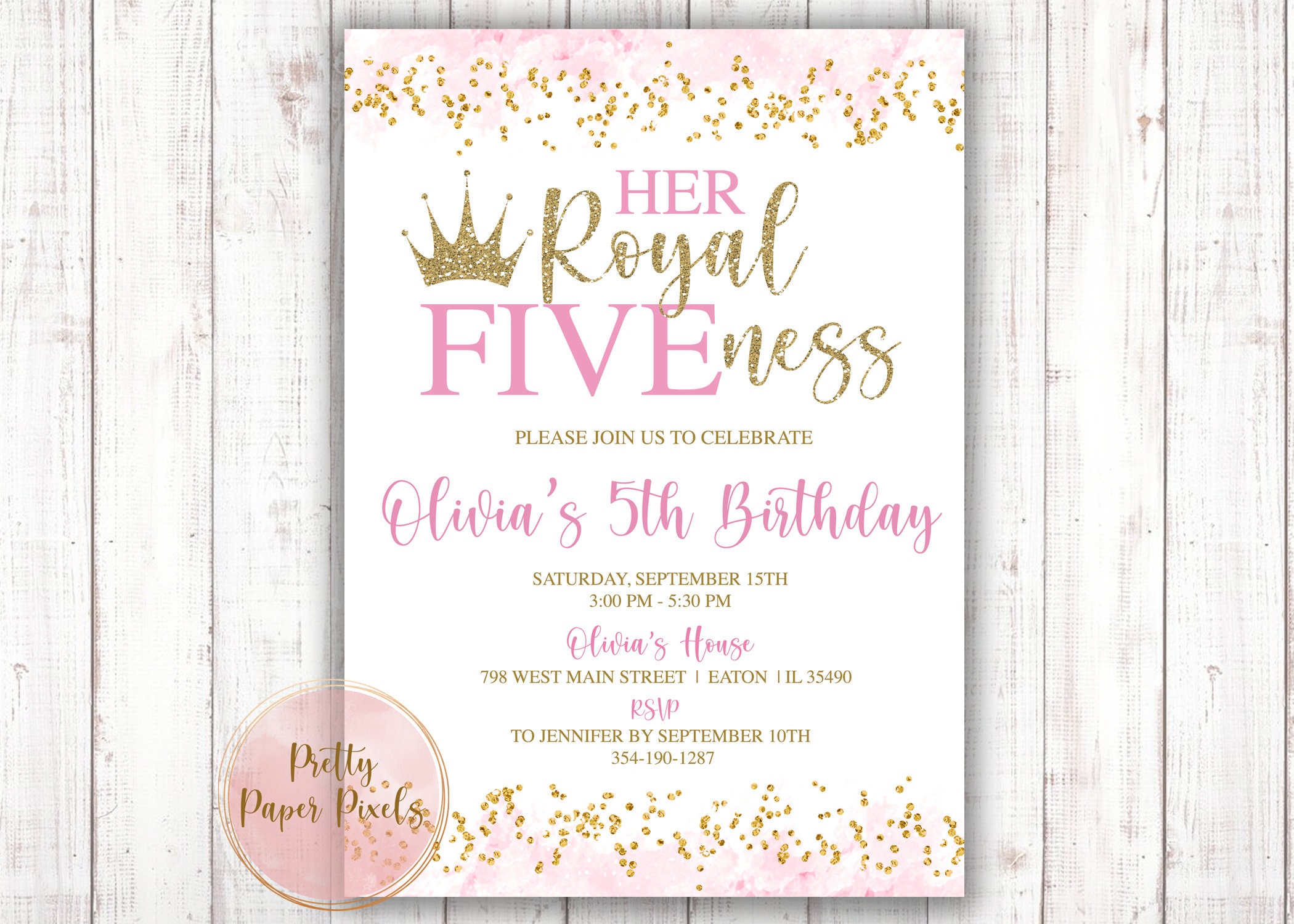 Fifth Birthday Invitation, Her Royal Fiveness, Princess Birthday ...