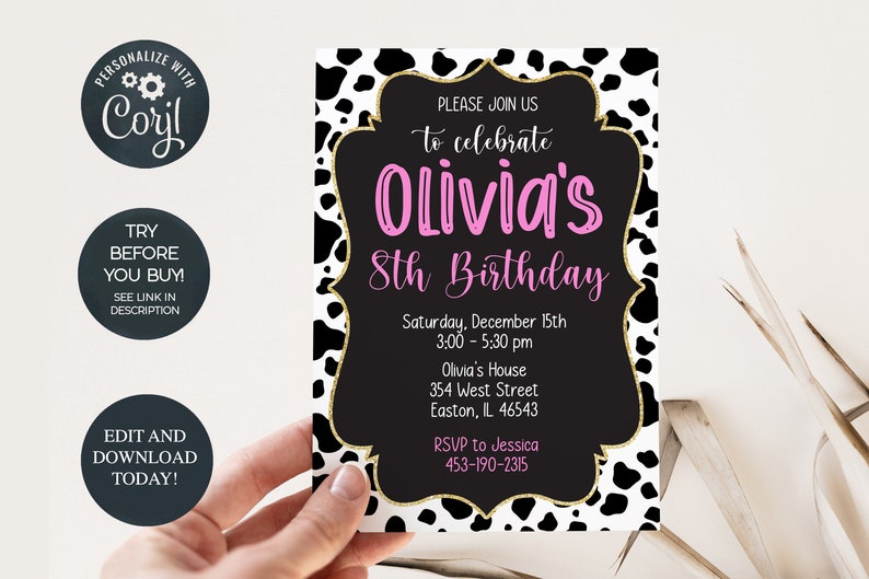 Cow Birthday Party Invitation Gold Pink Girl Farm Cow - Etsy