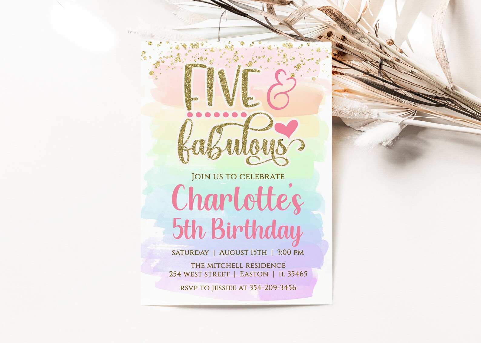 Five and Fabulous Birthday Invitation, Five, Fabulous, Rainbow ...
