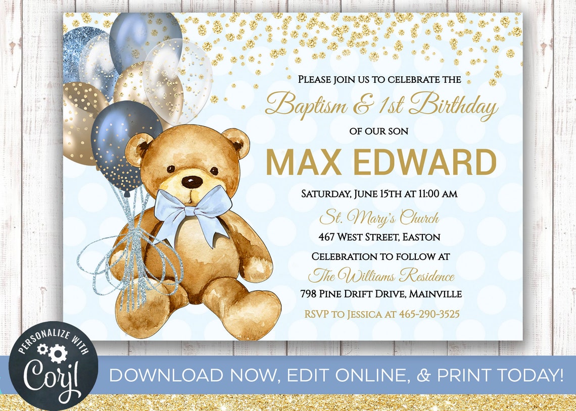 INSTANT DOWNLOAD Bear Baptism 1st Birthday Invitation Teddy | Etsy