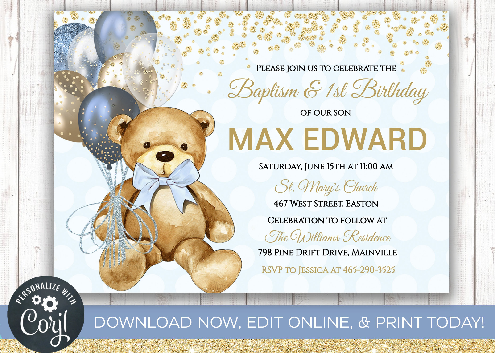 INSTANT DOWNLOAD Bear Baptism 1st Birthday Invitation Teddy Bear Bear Baptism Christening Boy Blue Gold 1st One First Digital Etsy