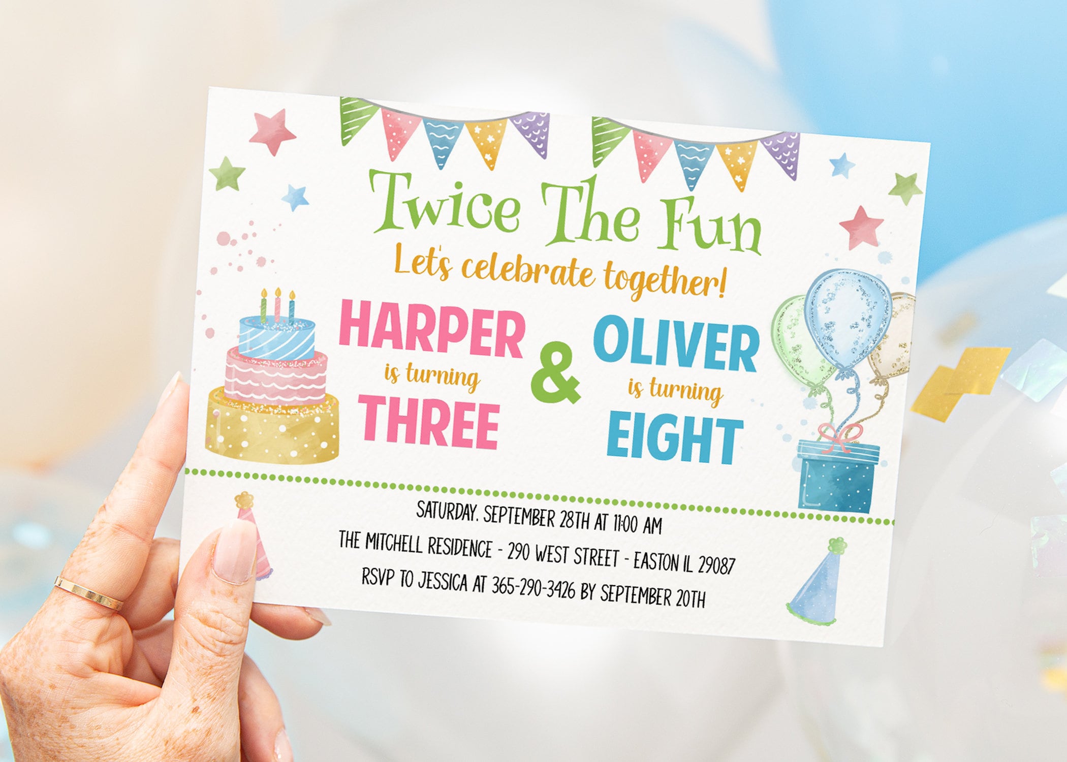 Dual Sibling Birthday Party Invitation Wording Editable Joint Birthday