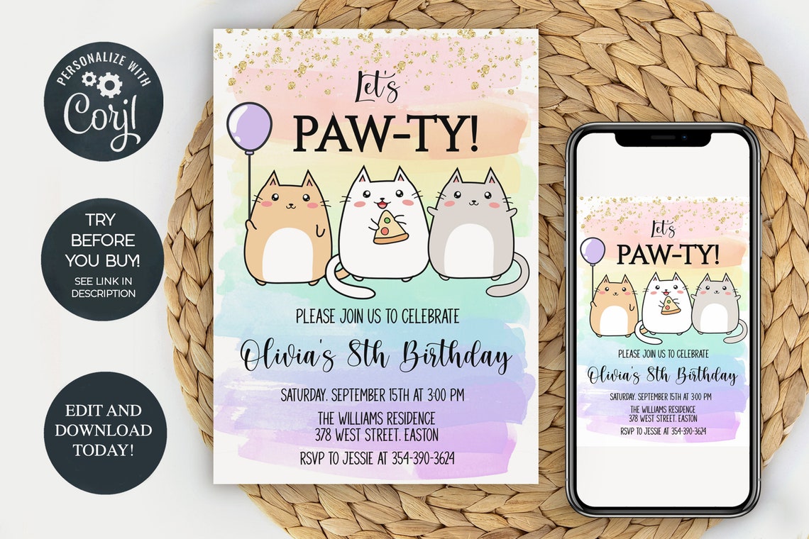 Cat Rainbow Birthday Party Invitation Cat Kitty Fat Cat - Etsy