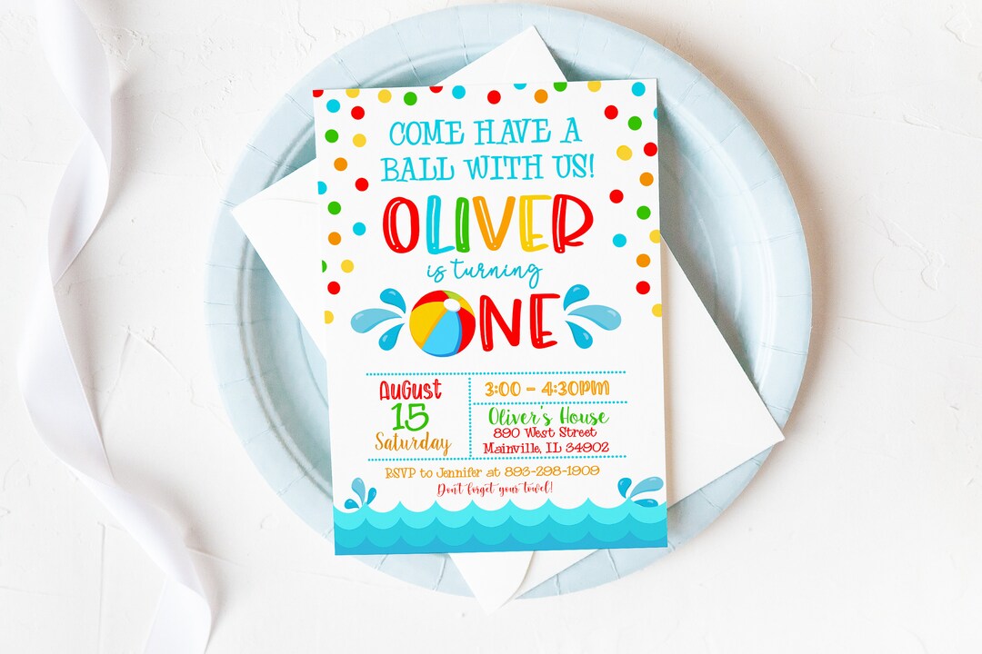 Beach Ball First Birthday Invitation, Pool Party, Summer, One, Splish ...