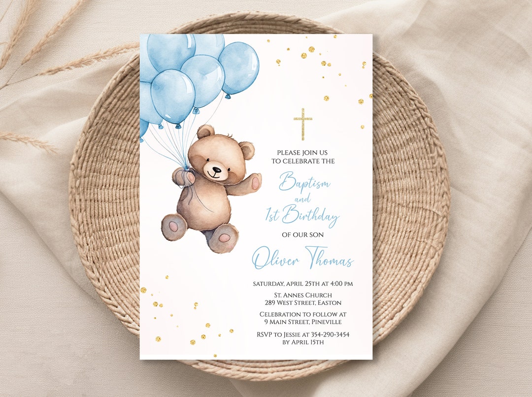 Teddy Bear 1st Birthday and Baptism Invitation, Baby Boy Baptism, One ...