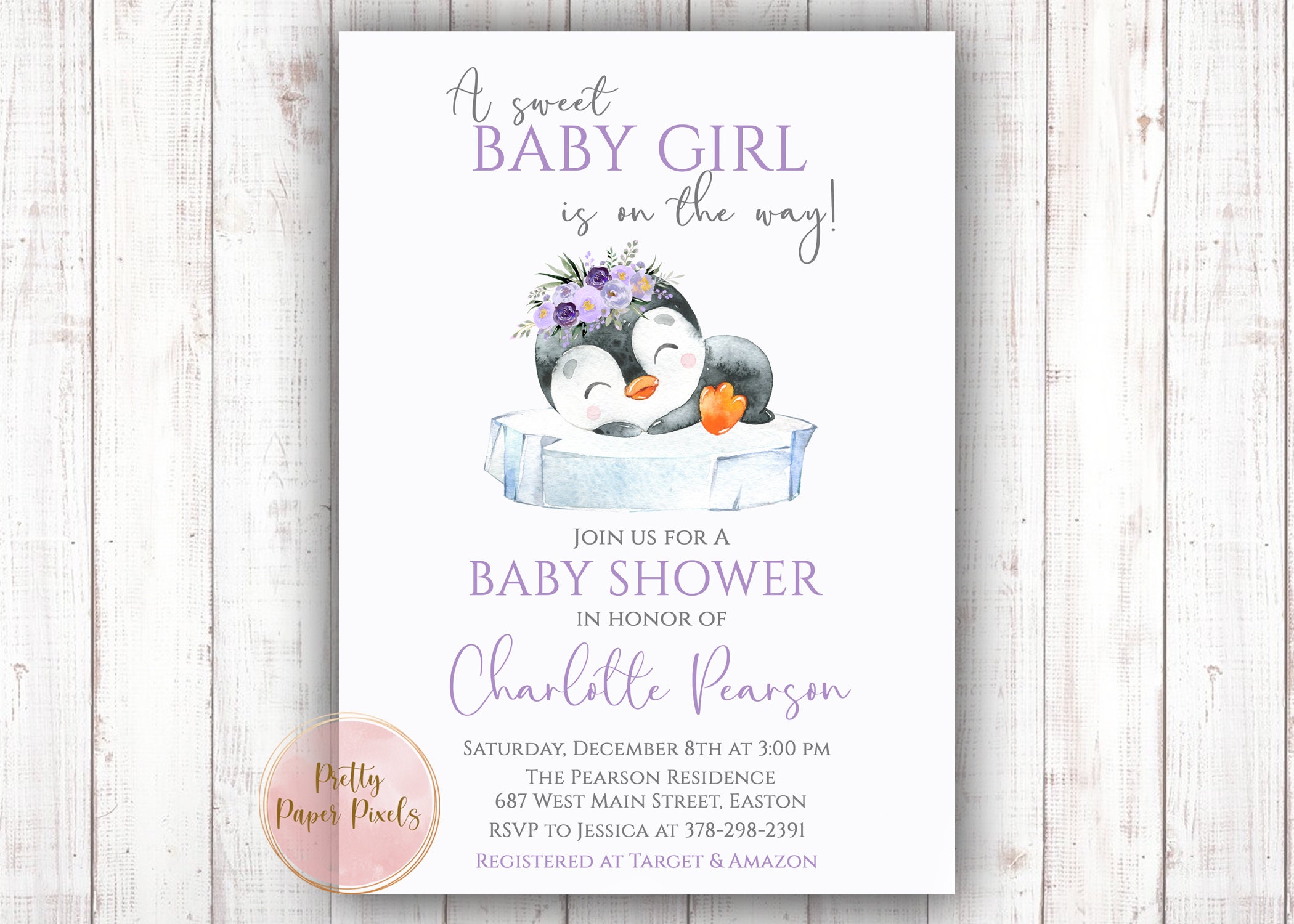 Penguin Baby Shower Invitation, Penguin, Baby Girl, Girl, Baby Shower ...
