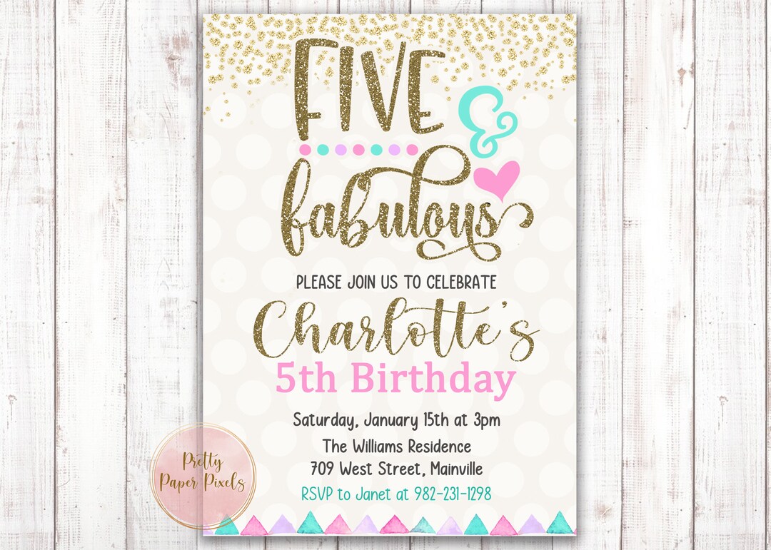 FIVE and Fabulous, Birthday Invitation, Invitation, Five, 5th Birthday ...