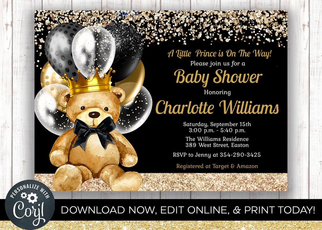 Prince Teddy Bear Baby Shower Invitation, Royal, Prince, King, Baby Boy ...