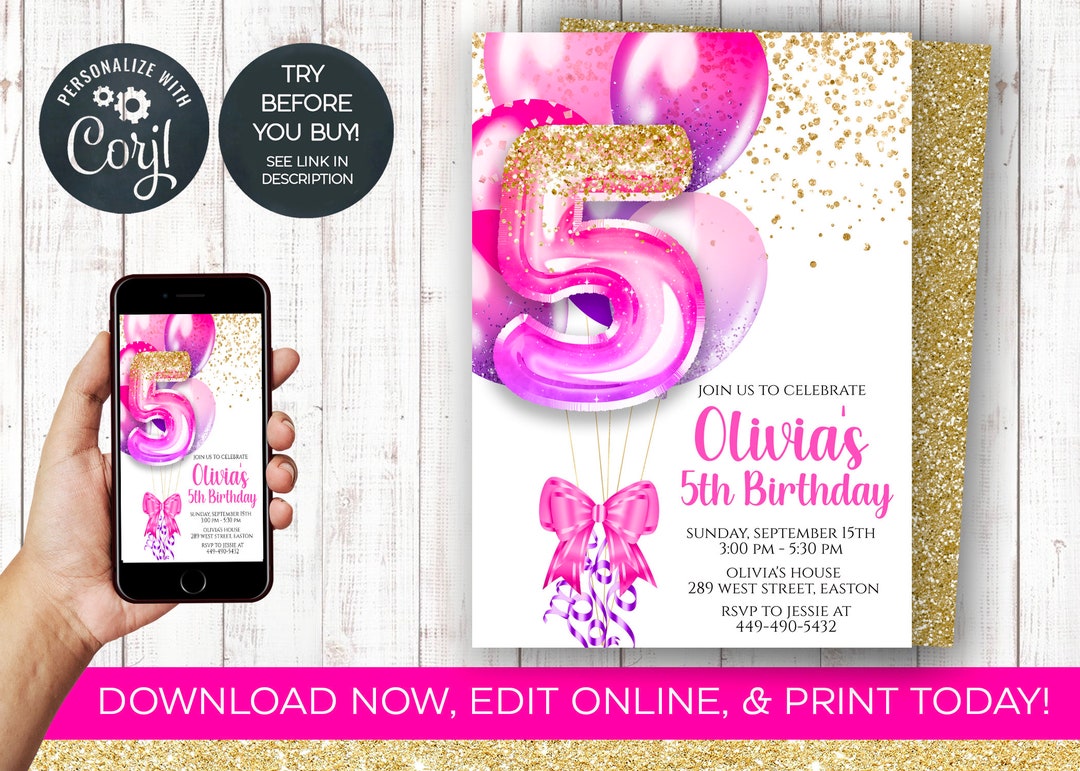 5th Birthday Balloons Invitation, Girl, Pink, Purple, Gold, Fifth, 5 ...