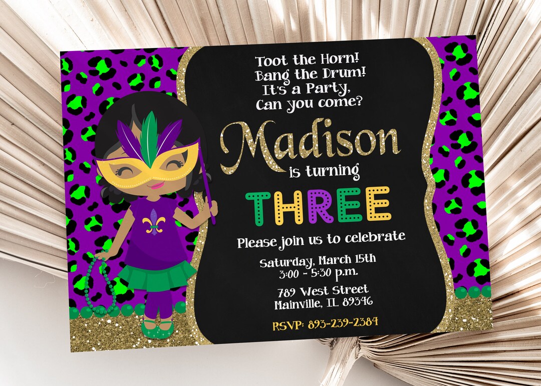 Mardi Gras Party Invitation, Birthday Party, Girl, Kids, Child, Mardi ...