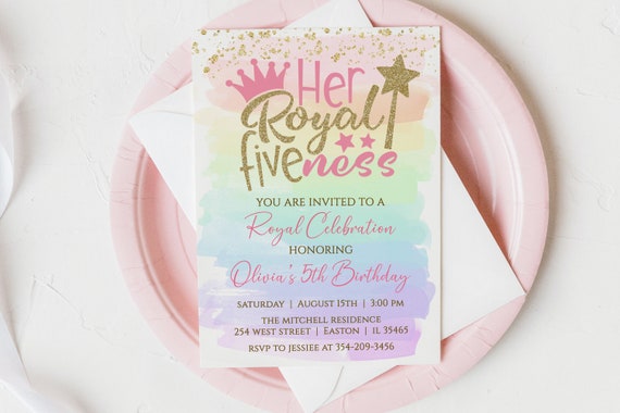 Fifth Birthday Invitation Her Royal Fiveness Rainbow Gold - Etsy