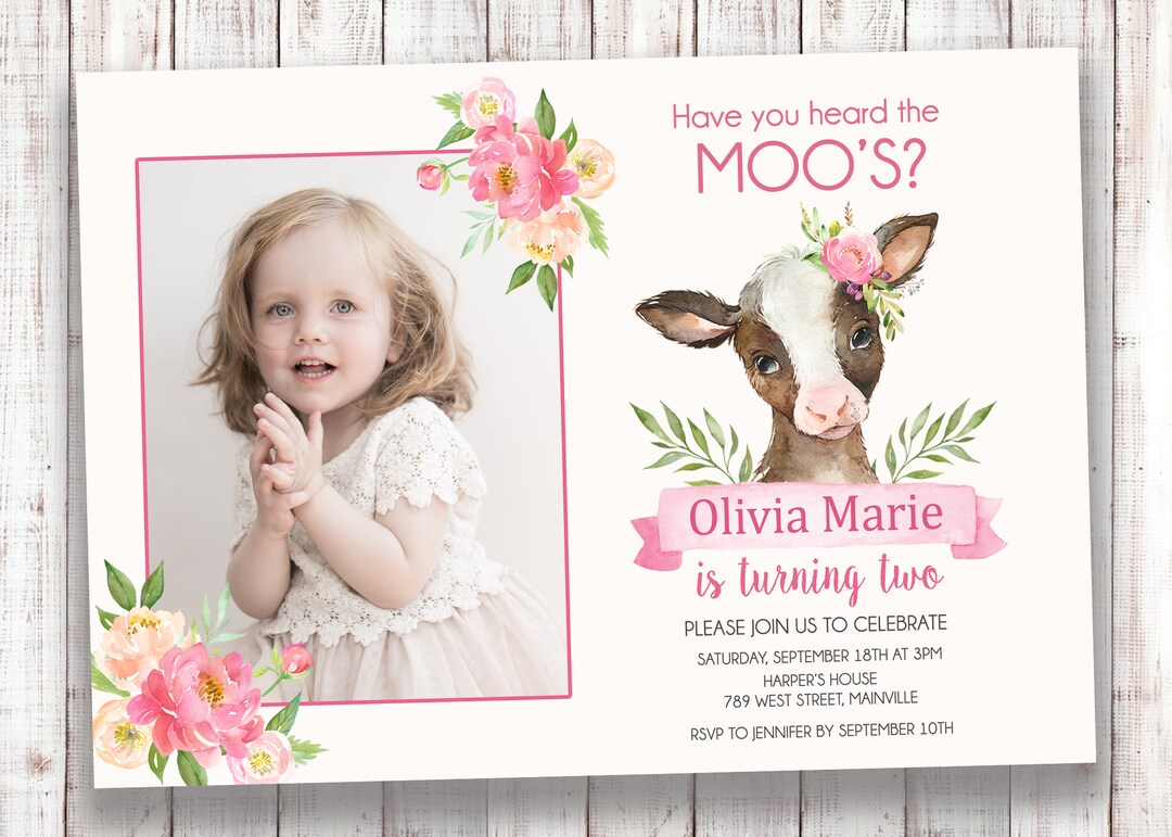 Cow Birthday Invitation, Cow Party, Farm, Girl, Animal, Cow, Floral ...