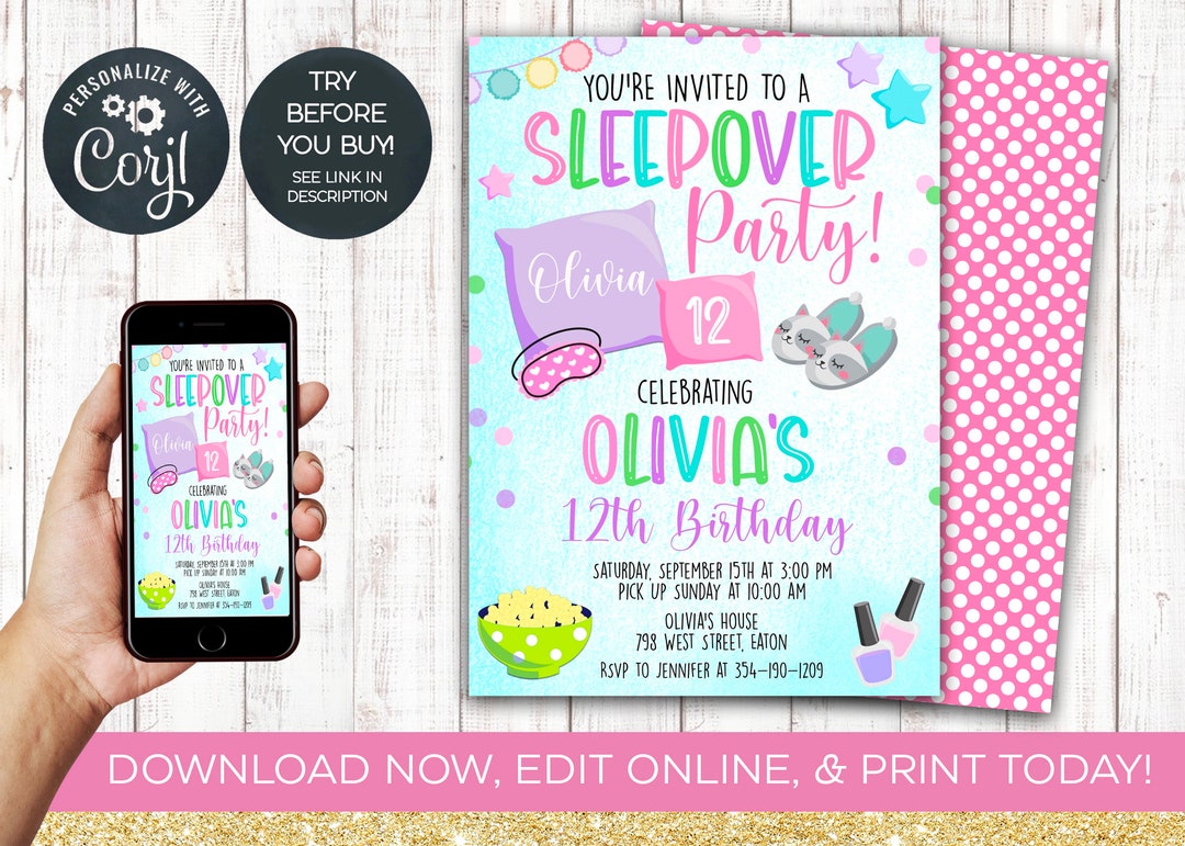 Editable Slumber Party Sleepover Invitation Girls Pajama Etsy