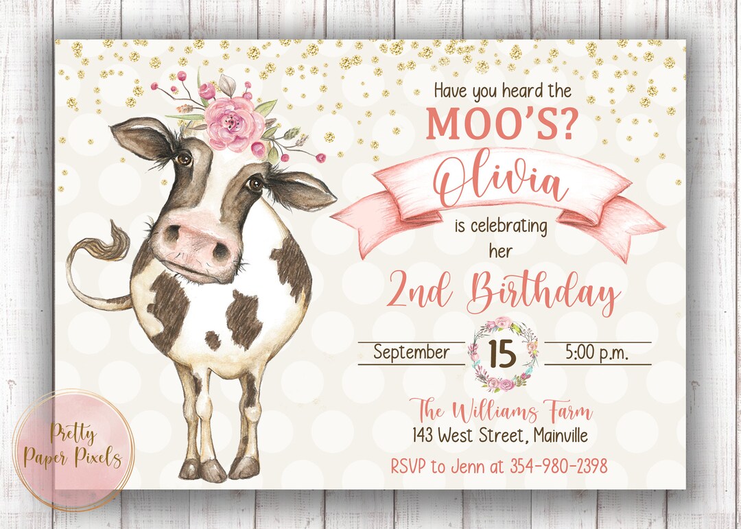 Cow Birthday Invitation, Cow, Birthday, Party, Girl, Farm, Baby Girl ...