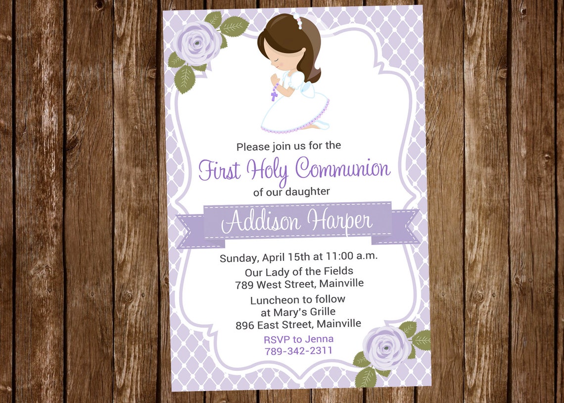 First Communion Invitation Communion. Girl Purple ANY HAIR | Etsy