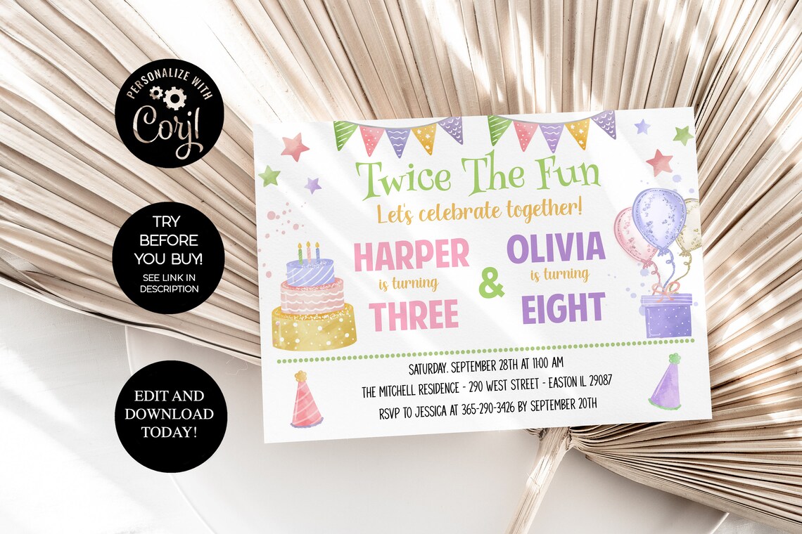 Instant Download - Joint Birthday Party Invitation - Sisters Sibling ...
