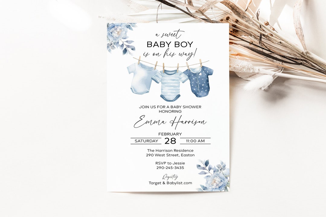 Boy Baby Shower Boho Invitation, Baby Boy Clothes Invite, Blue Baby ...