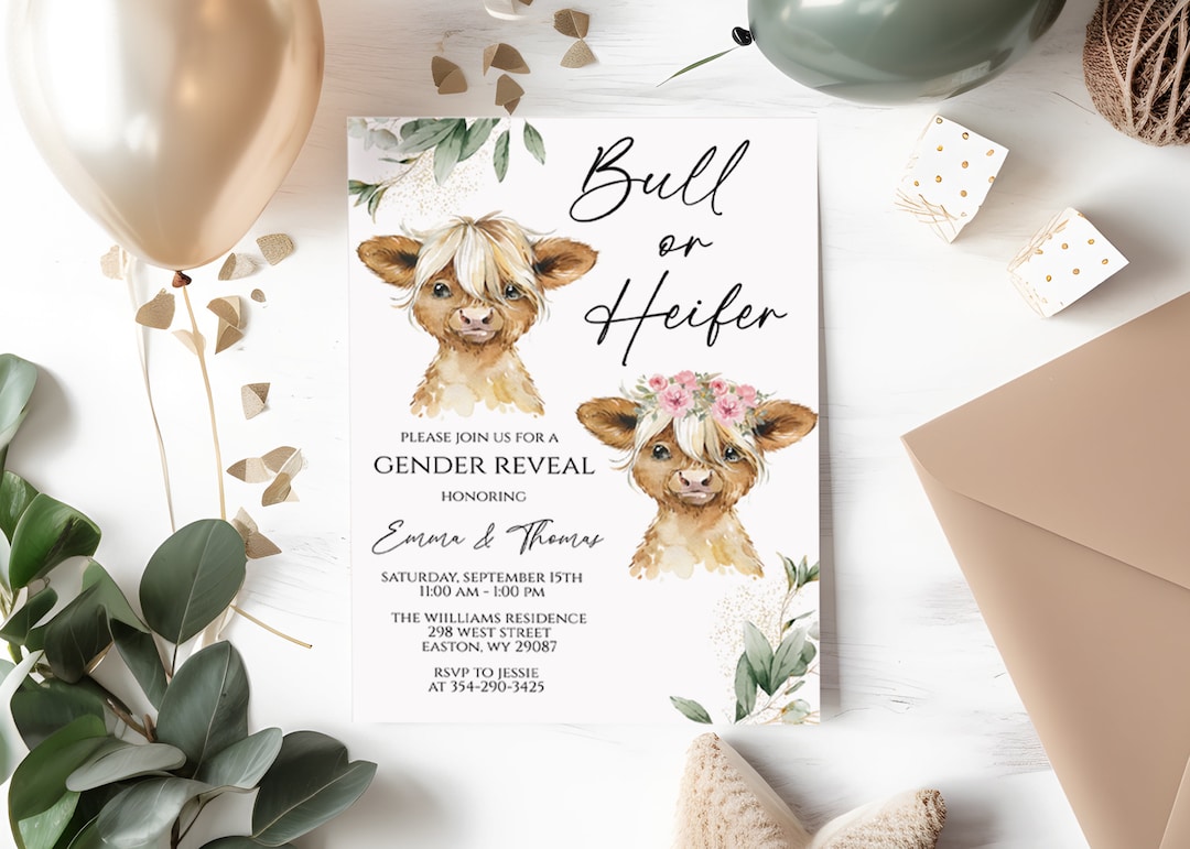 Highland Cow Gender Reveal Invitation, Editable Template (digital ...