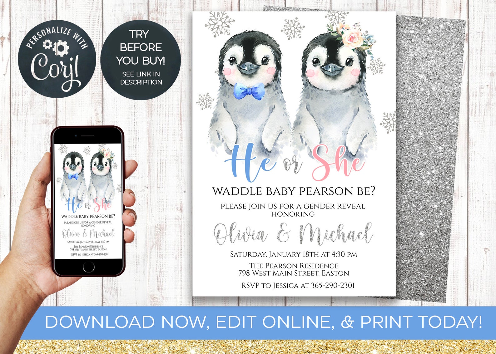 Penguin Gender Reveal Invitation, Gender Reveal, Penguin, Winter, Boy ...