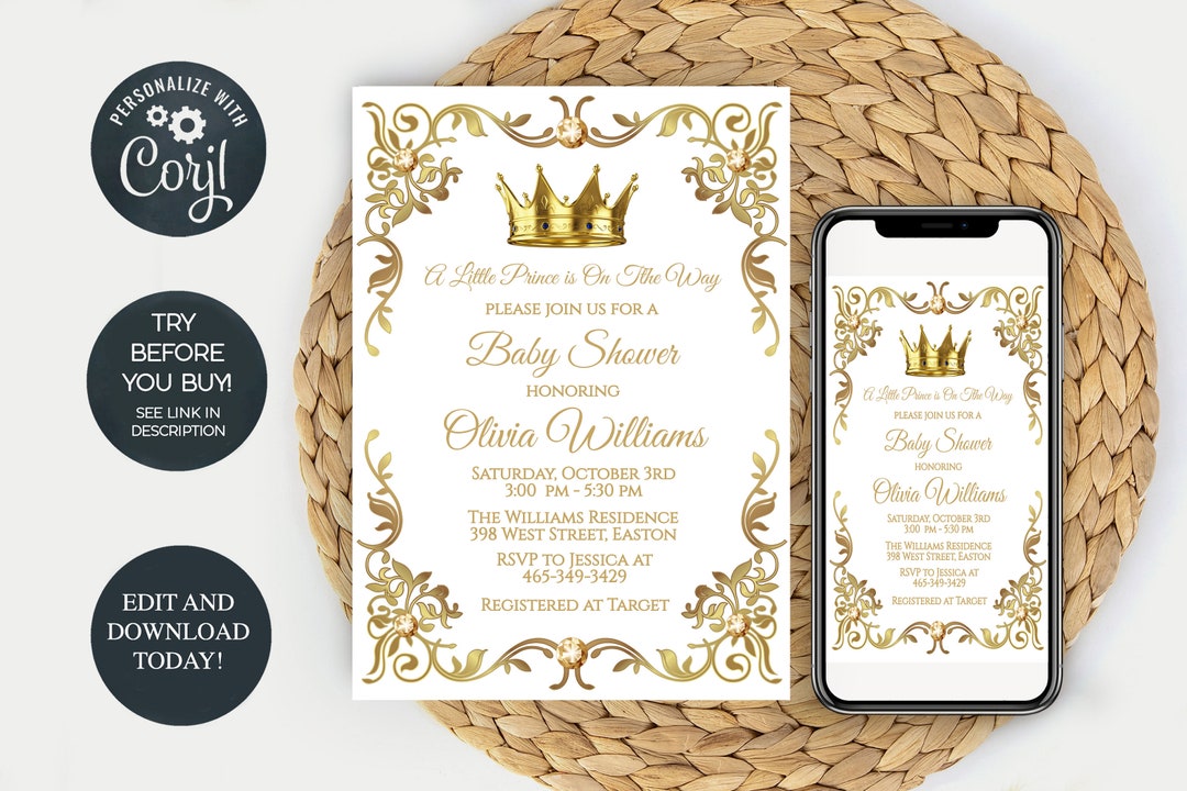 Royal Prince Baby Shower Invitation, White, Gold, King, Prince, Crown ...