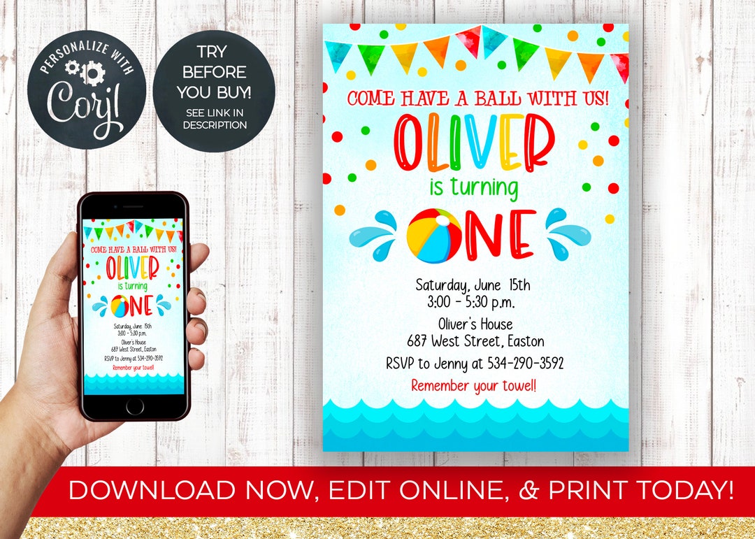 INSTANT DOWNLOAD, Beach Ball 1st Birthday Invitation, Summer, Water ...