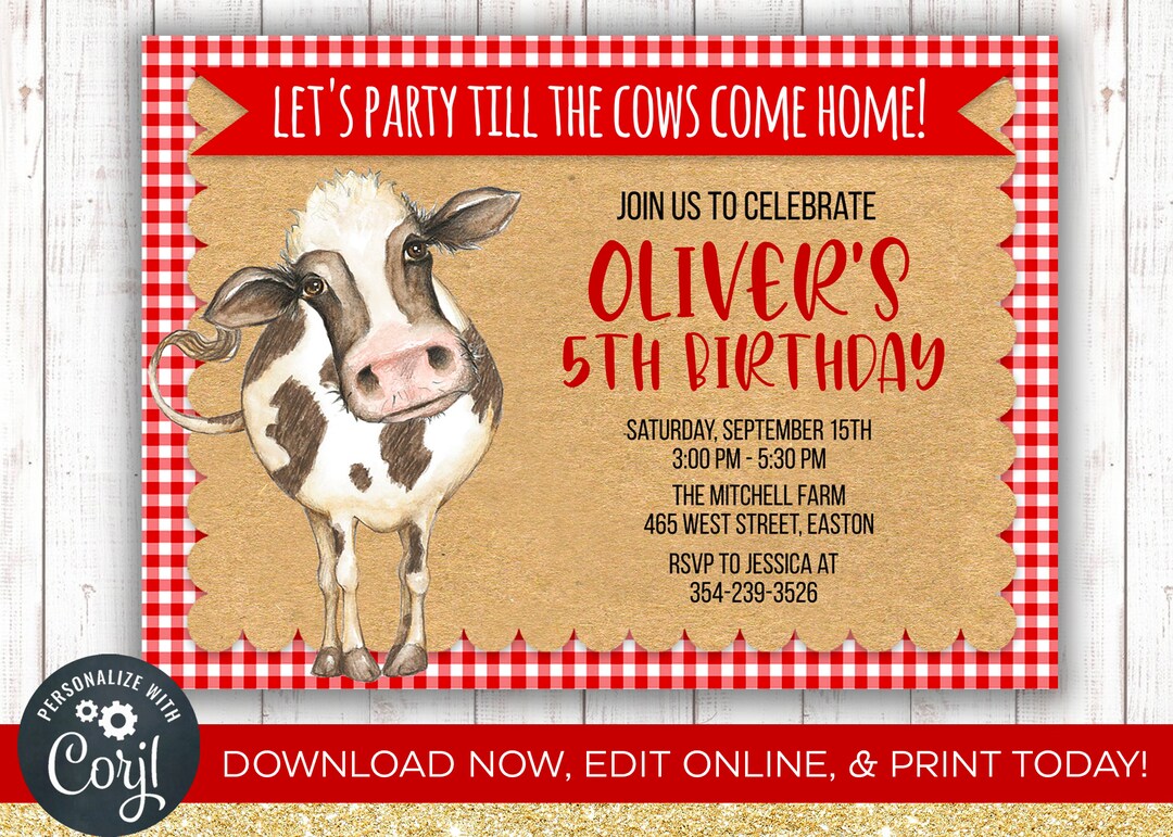 Cow Birthday Party Invitation, Cow, Farm, Animal, Barnyard, Birthday ...