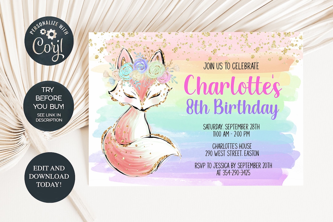 INSTANT DOWNLOAD, Fox Rainbow Birthday Party Invitation, Fox, Girl ...