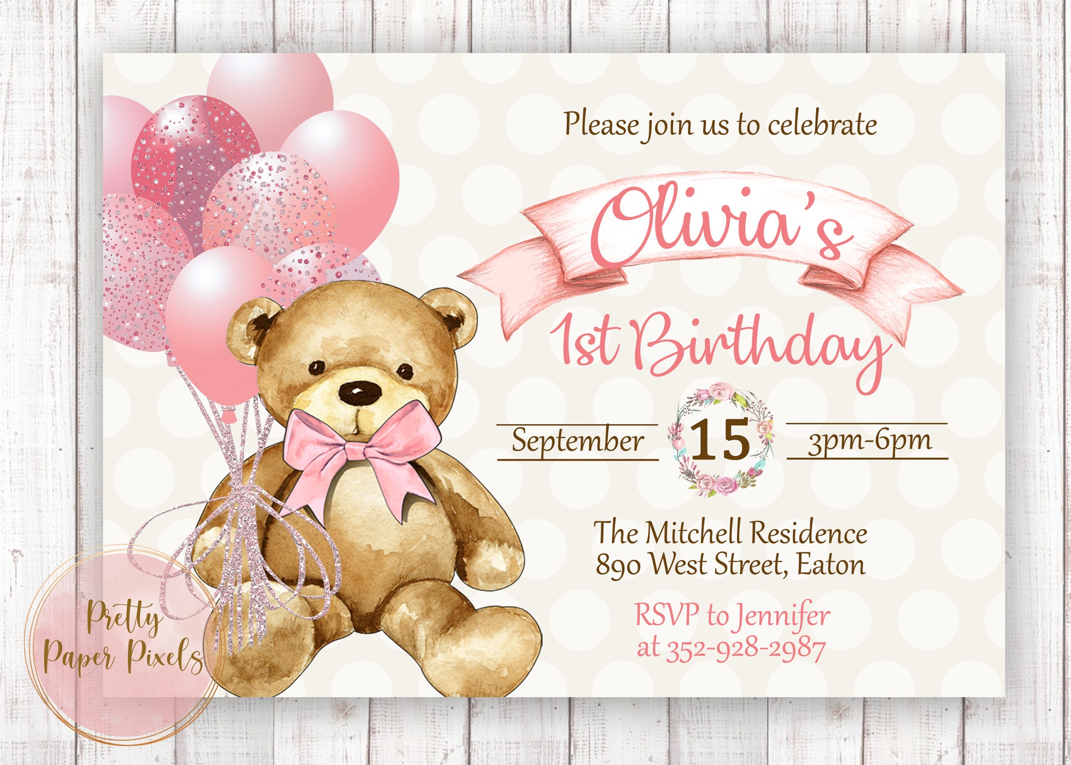 Teddy Bear Girl Birthday Invitation Pink Teddy Bear | Etsy