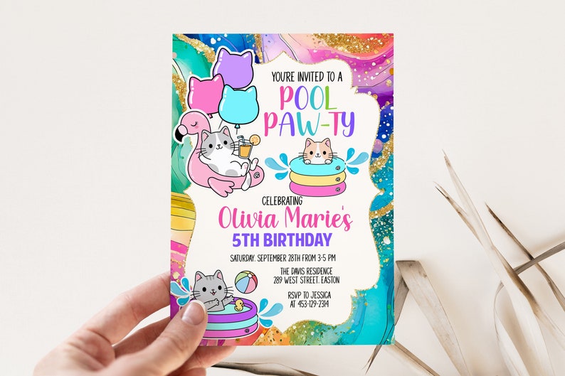 Instant Download, Cat Pool Party Invitation, Cat Party, Swimming, Swim ...
