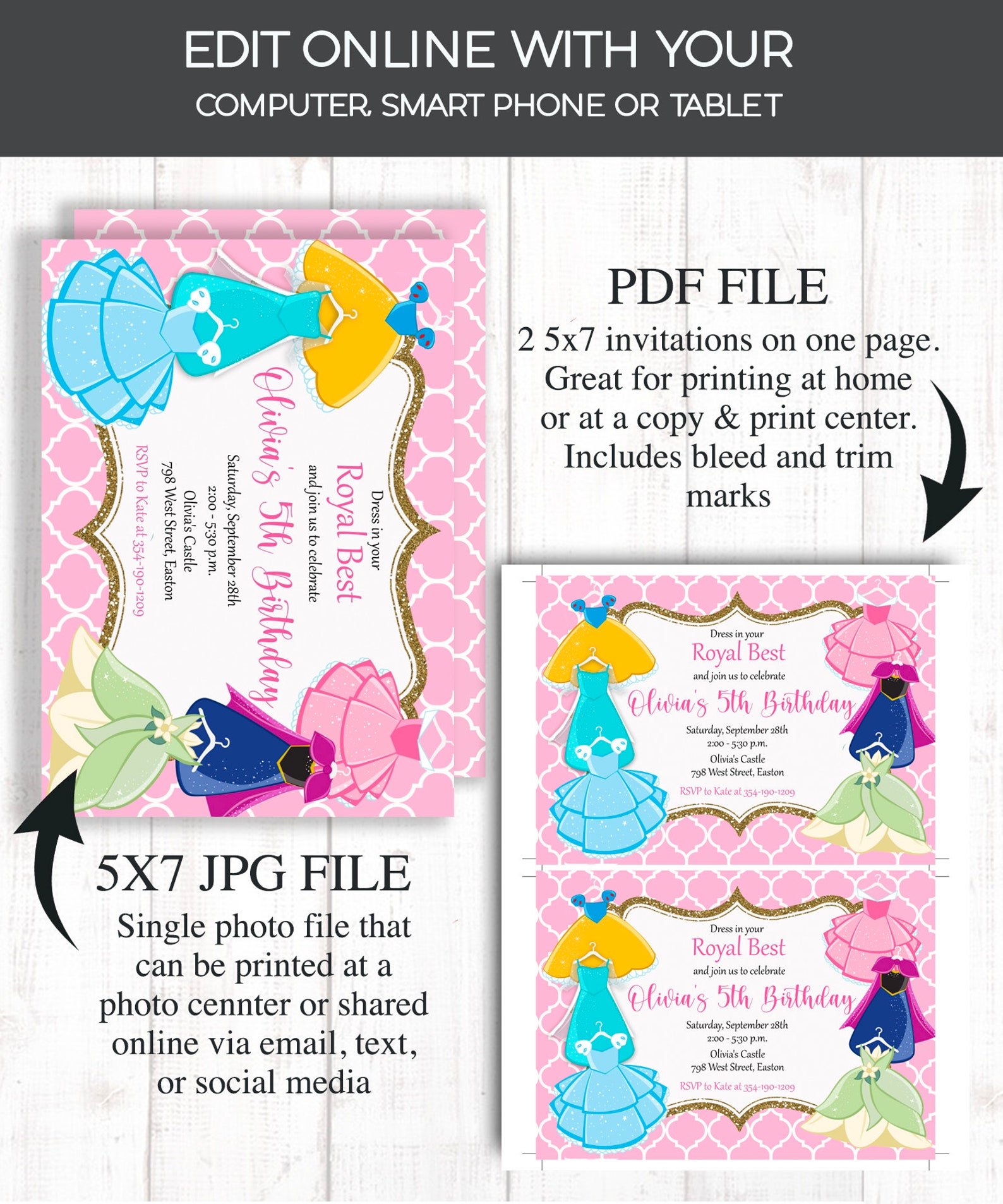 INSTANT DOWNLOAD, Princess Dress Birthday Party Invitation, Girls ...