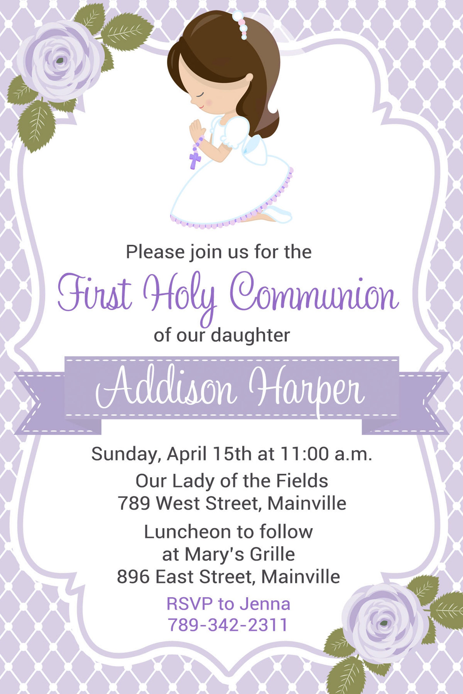 First Communion Invitation Communion. Girl Purple ANY HAIR | Etsy