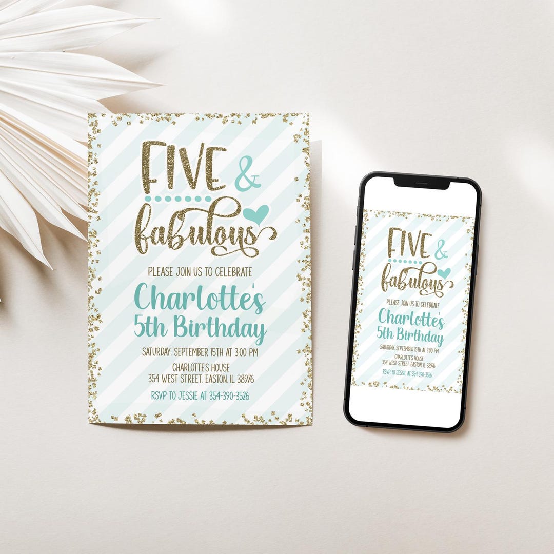Five and Fabulous Birthday Party Invitation, Five, Fabulous, 5th ...