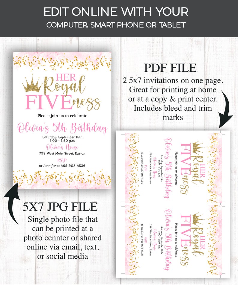 Royal Fiveness Invitation, Fifth Birthday, 5th, Five, Princess, Girl ...