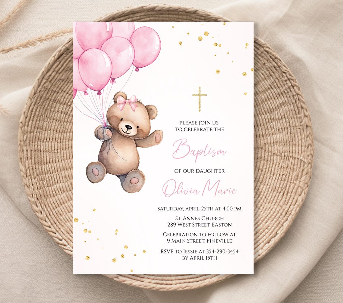 Teddy Bear 1st Birthday and Baptism Invitation, Baby Girl Baptism ...