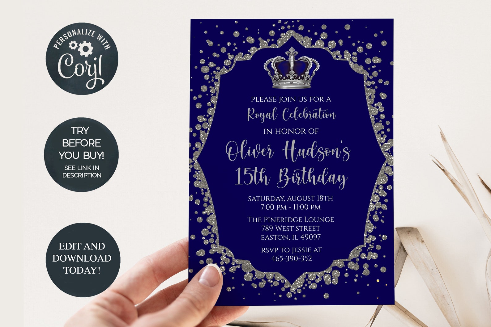 Royal Birthday Party Invitation, Blue, Silver, Crown, Prince, King ...