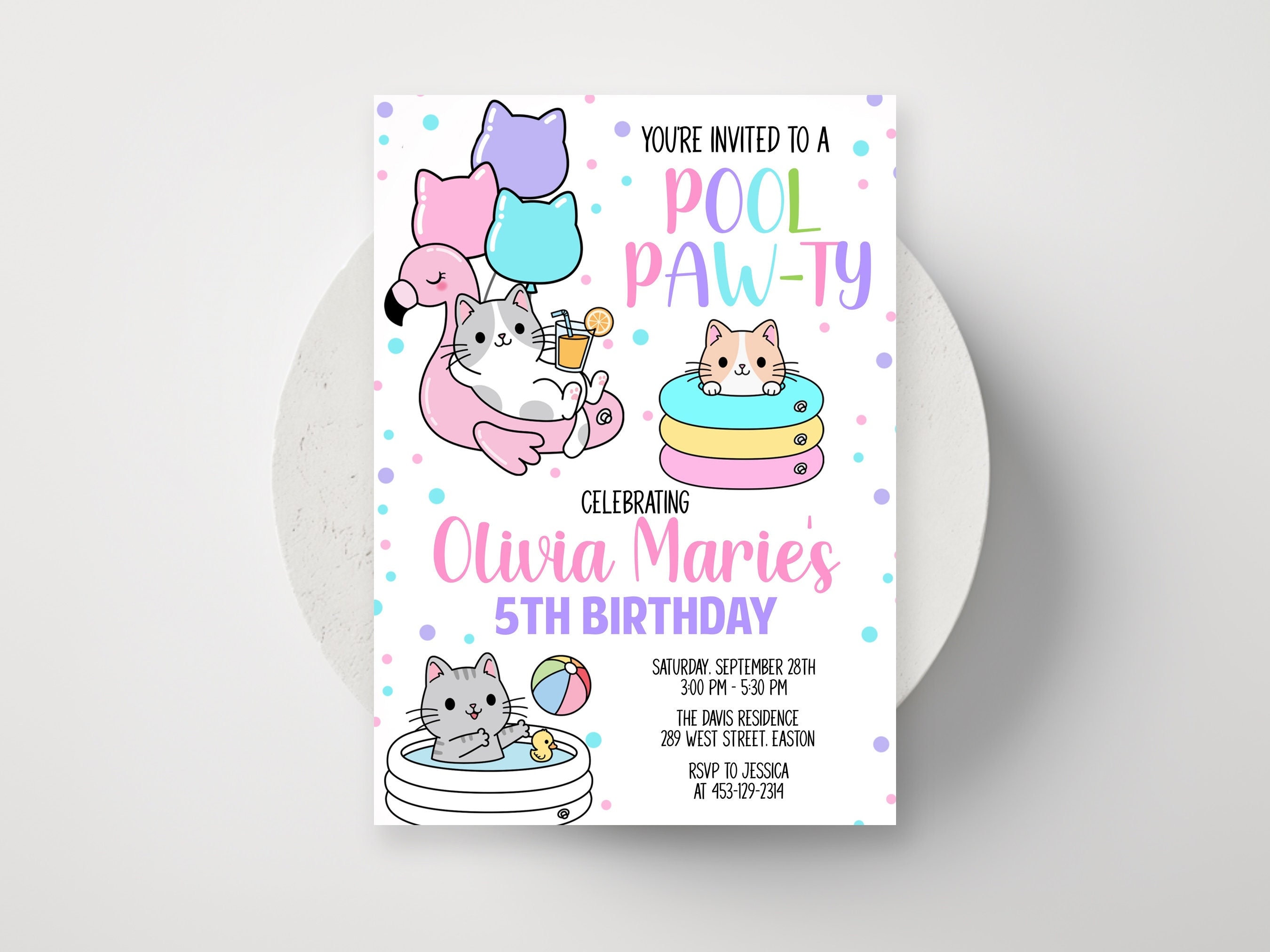Instant Download, Cat Pool Party Invitation, Cat Party, Swimming, Swim ...