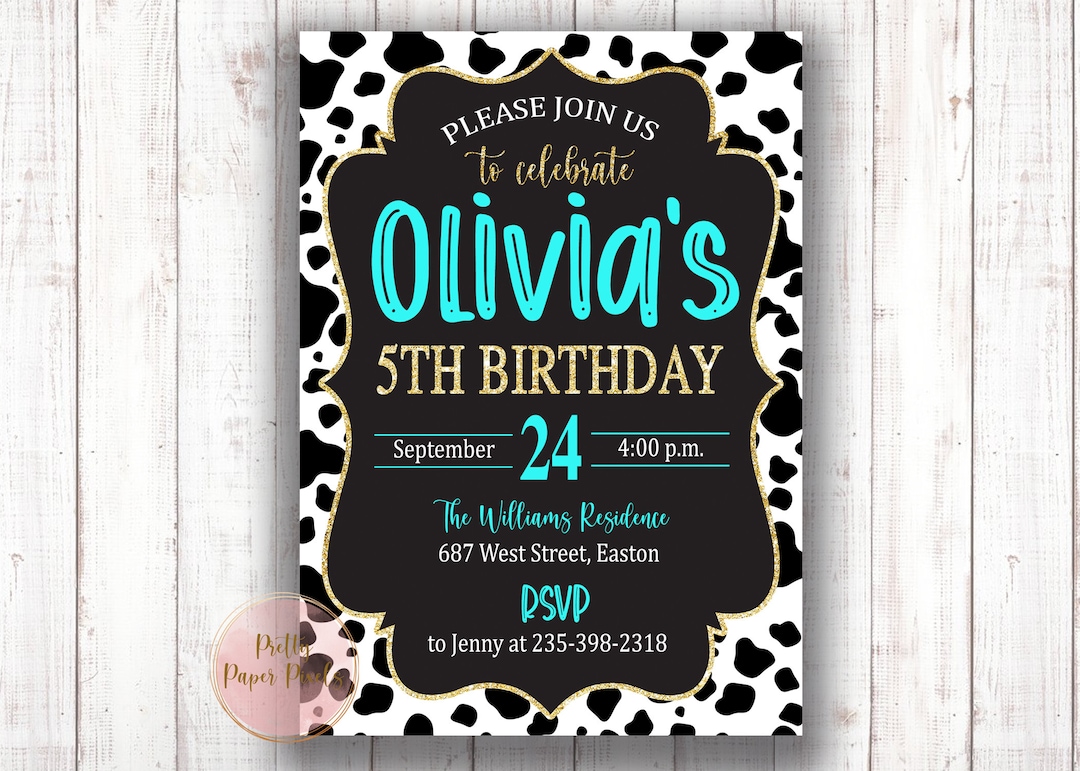 Cow Birthday Party Invitation, Gold, Blue, Turquoise, Girl, Farm, Cow ...