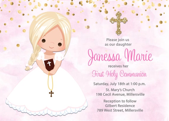 First Communion Invitation Girl Pink or Printed Digital | Etsy