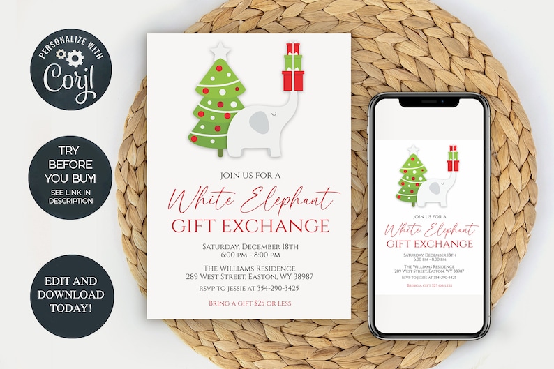 White Elephant Invitation Gift Exchange Elephant Christmas - Etsy