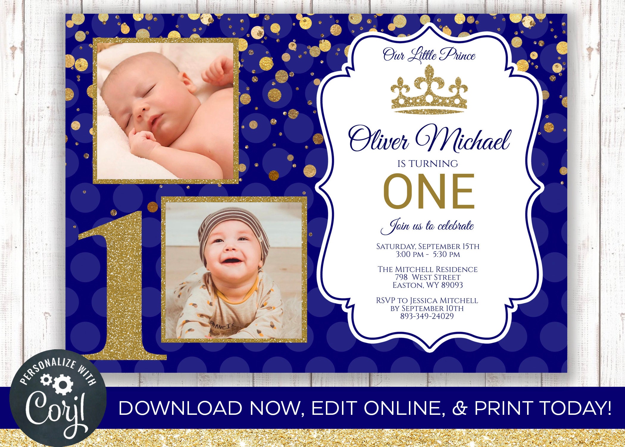 INSTANT DOWNLOAD, Prince Birthday Invitation, One, First Birthday, 1st ...