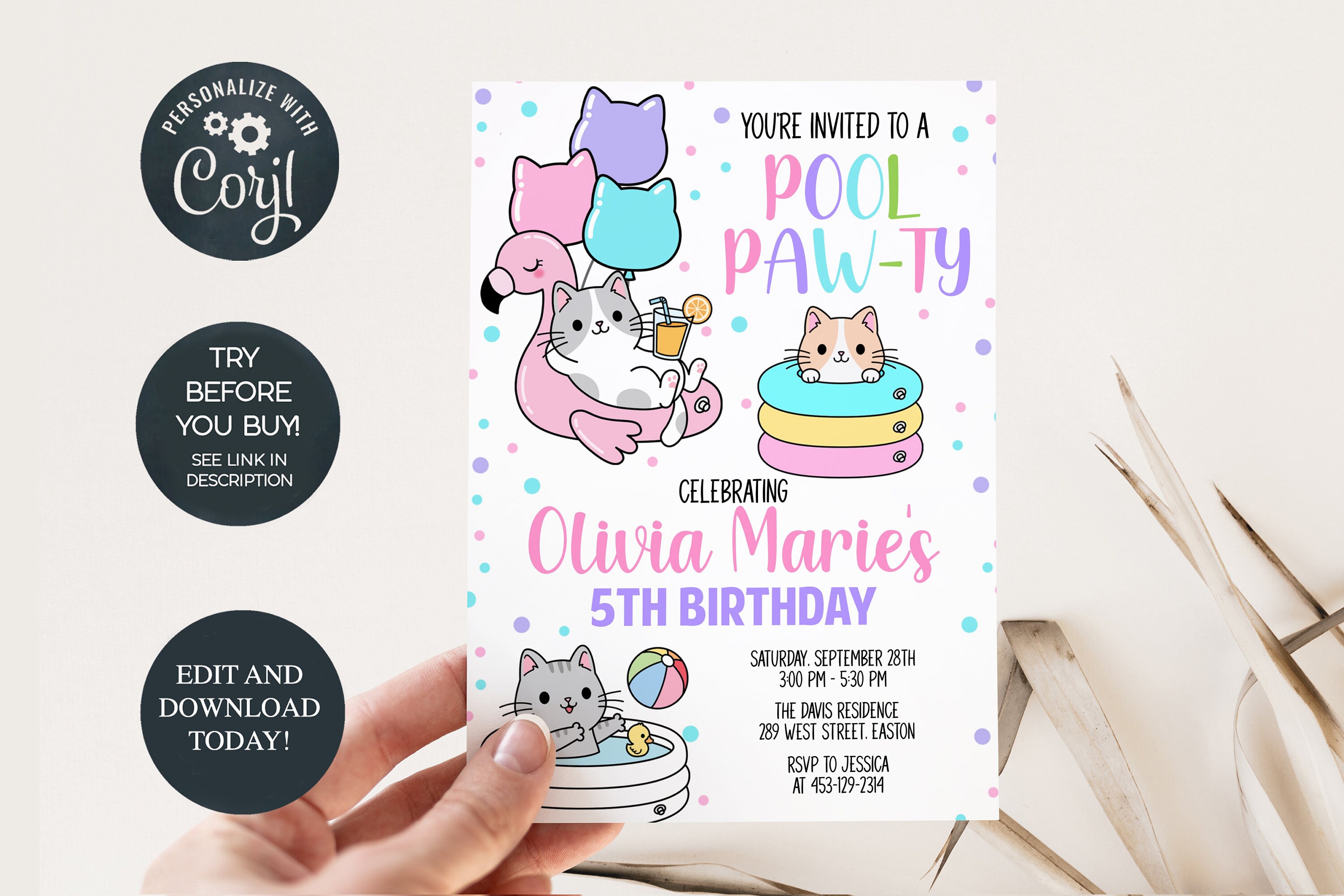 Instant Download, Cat Pool Party Invitation, Cat Party, Swimming, Swim ...