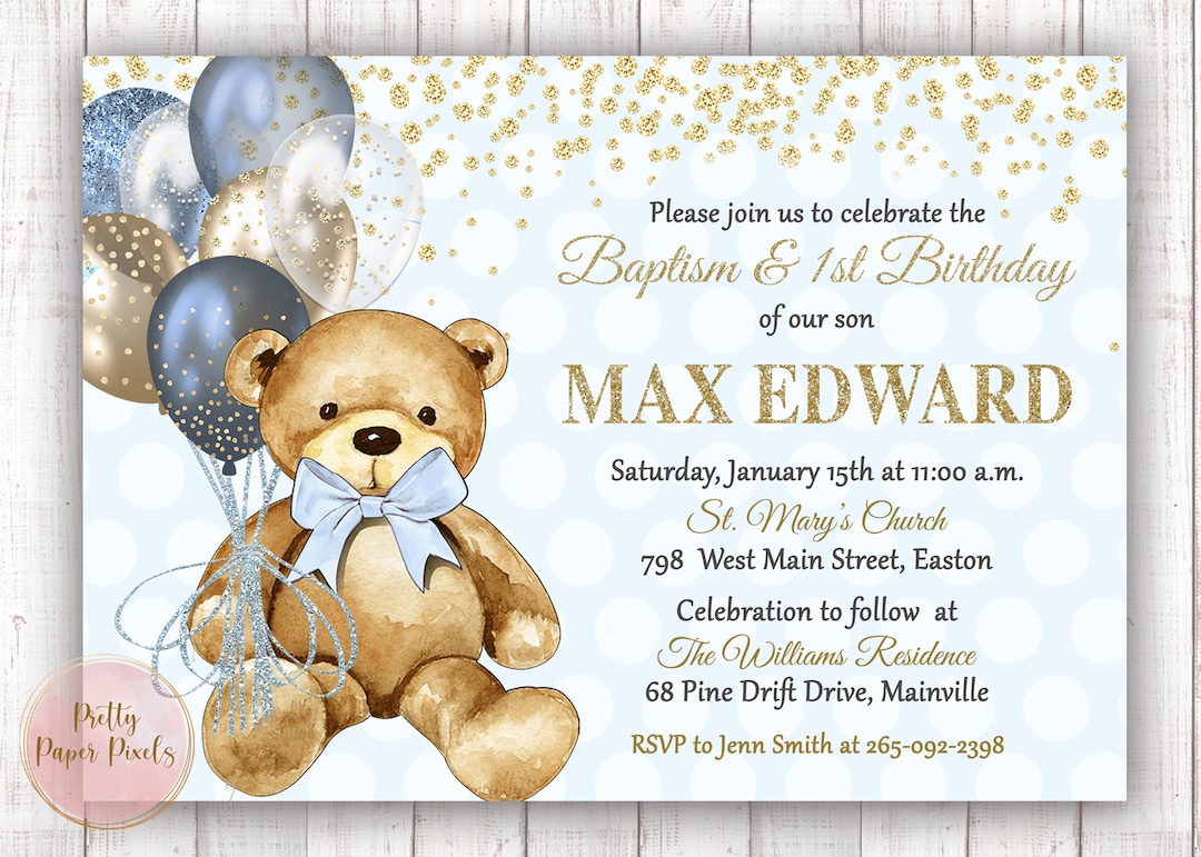Bear Baptism First Birthday Invitation, Boy, Baby Boy, Teddy Bear, Blue ...