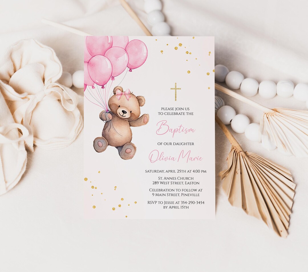 Teddy Bear 1st Birthday and Baptism Invitation, Baby Girl Baptism ...
