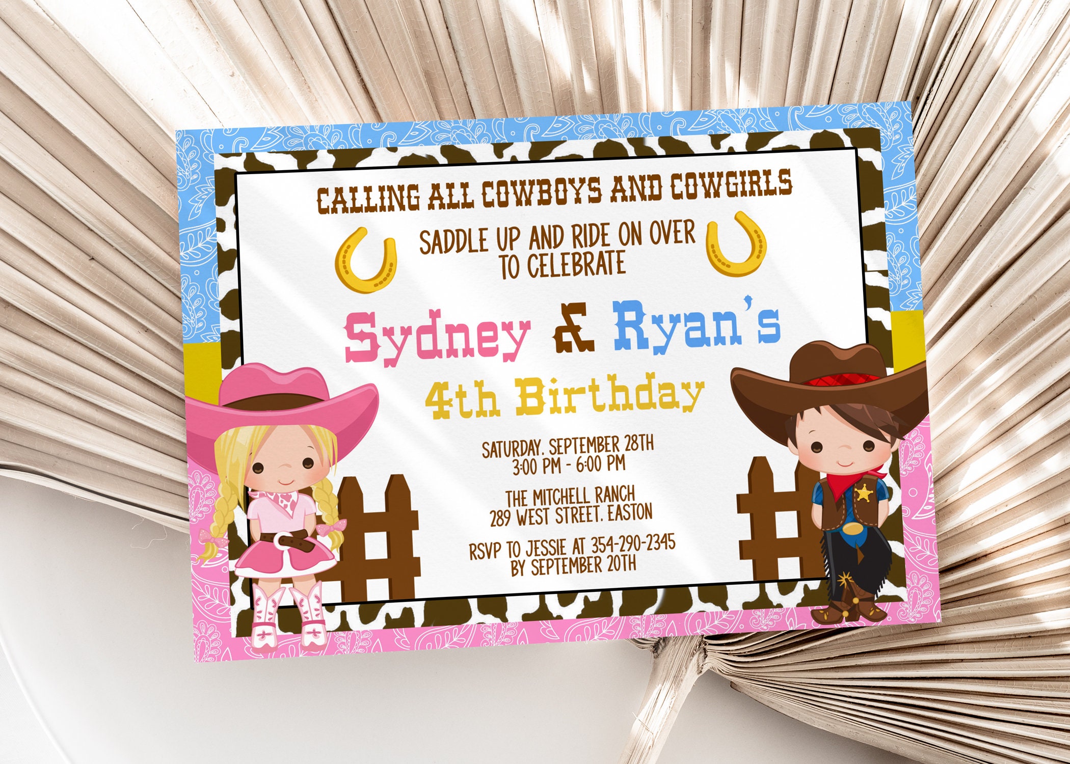 Cowboy and Cowgirl Joint Birthday Party Invitation, Western, Country ...
