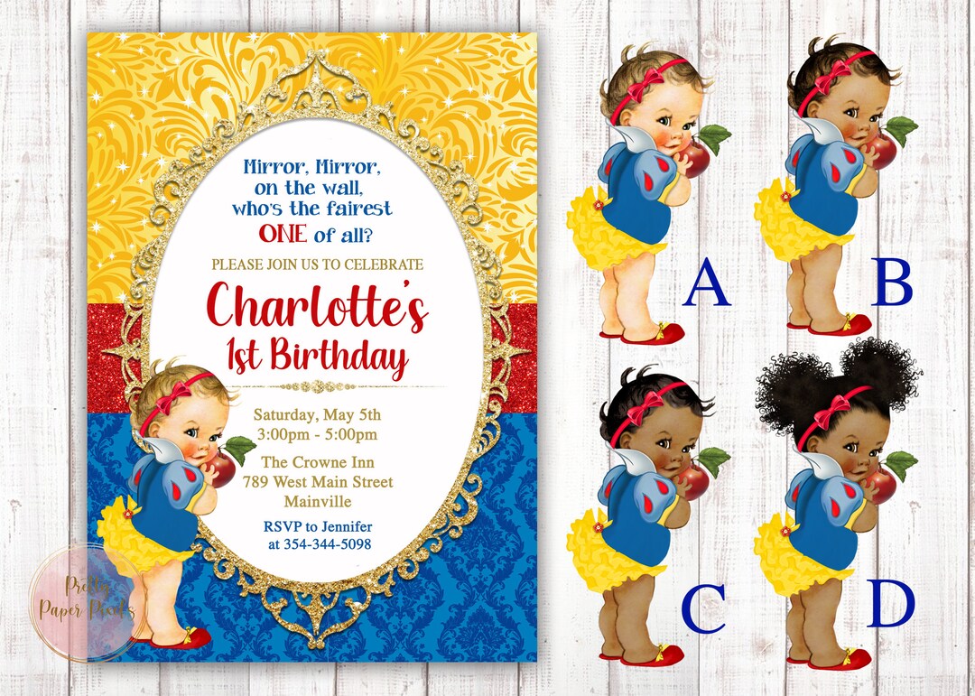 Snow White Birthday Party Invitation, Snow White, First Birthday, One ...