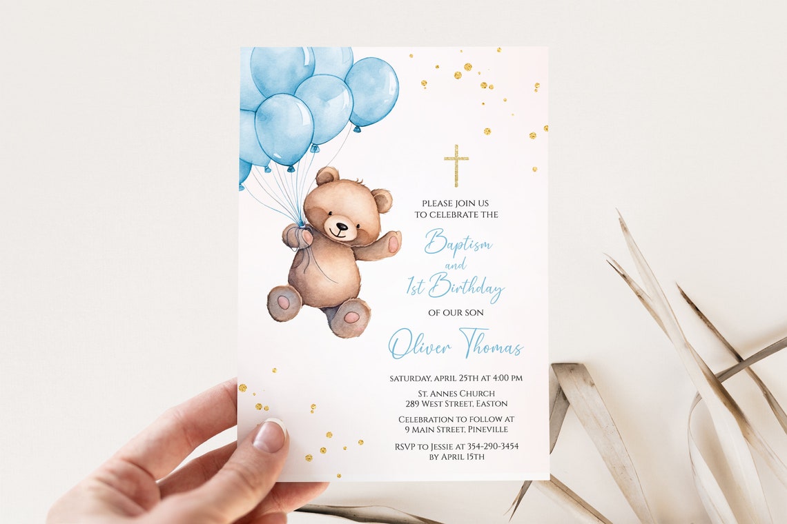 Teddy Bear 1st Birthday and Baptism Invitation, Baby Boy Baptism, One ...