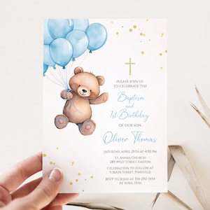 Teddy Bear 1st Birthday and Baptism Invitation, Baby Boy Baptism, One ...