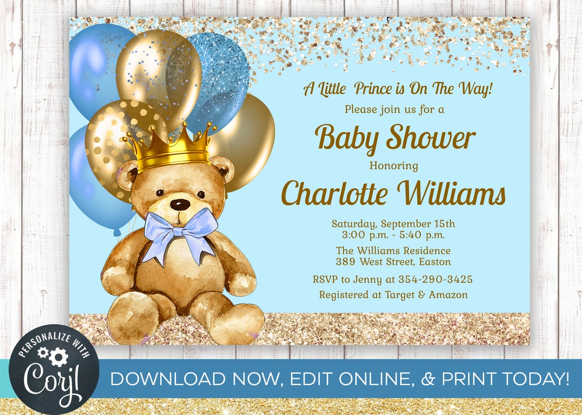 Prince Teddy Bear Baby Shower Invitation Royal Prince King | Etsy