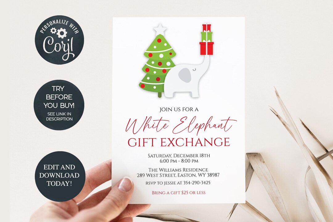White Elephant Invitation, Gift Exchange, Elephant, Christmas, Holiday ...
